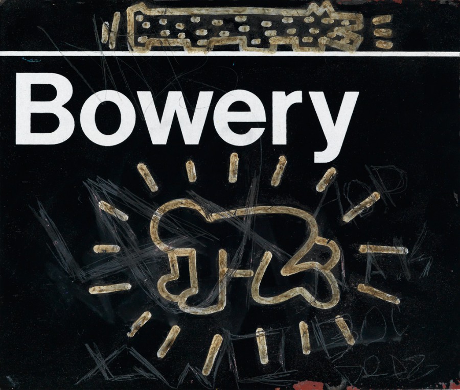 キース・ヘリング 金属の地下鉄看板に白インク 《Bowery Subway Sign:地下鉄バワリー駅の看板》